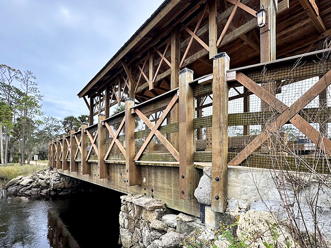 The bridge's sturdy construction combines form and function, with crisscrossing beams that would make any engineer tip their hat in appreciation.
