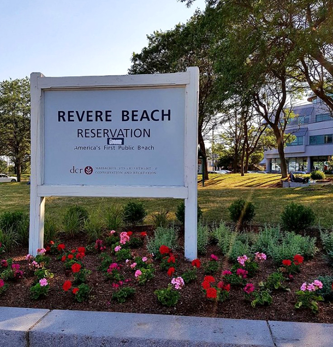 America's First Public Beach proclaims the sign, surrounded by flowers that seem to be celebrating their good fortune of residence.