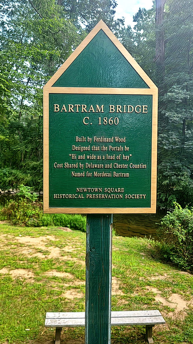 This historical marker tells the bridge's origin story&mdash;built "hi and wide as a load of hay" and named for Mordecai Bartram, it's a testament to practical engineering.