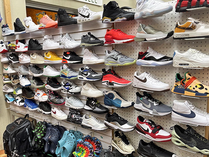 Sneakerheads, rejoice! This wall of footwear fashion spans decades of design, from dad-approved classics to limited-edition street cred.