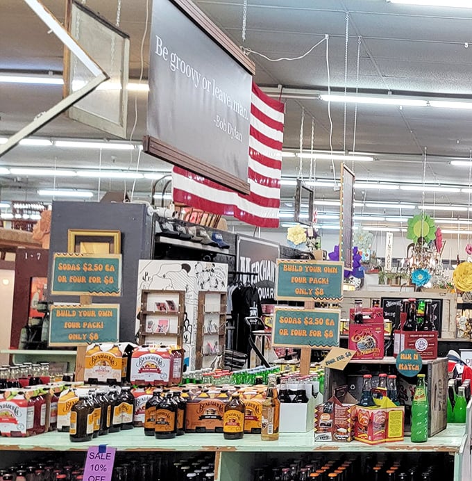 "Be groovy or leave, man." Beneath vintage American flags, artisanal sodas and preserves await your pantry. Nostalgia never tasted so sweet.
