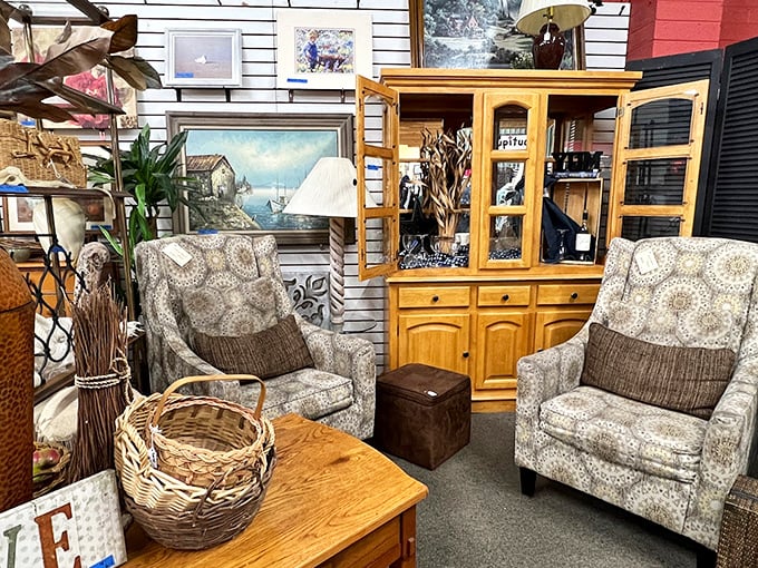 Living room perfection doesn't have to cost a fortune. These pattern chairs and honey-toned cabinet are waiting for their second act.