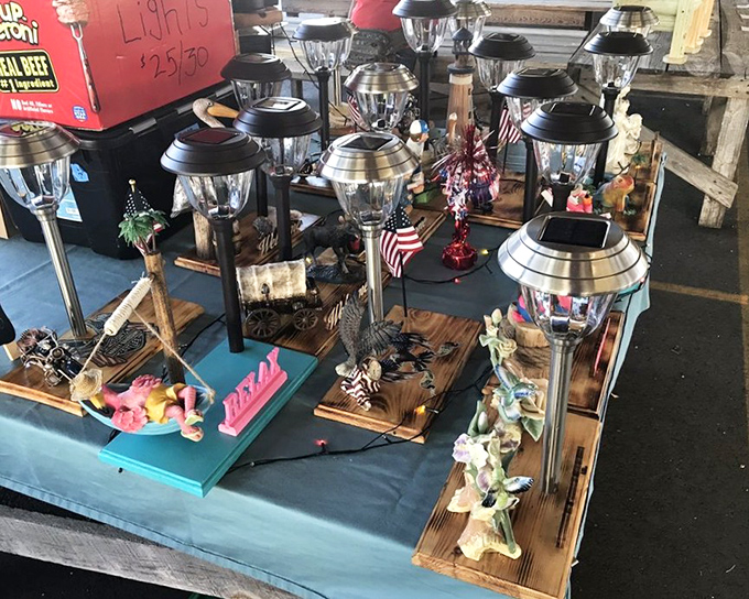 Illuminating finds! These solar-powered garden lights prove that even practical items get the creative treatment at Webster's flea market wonderland. 