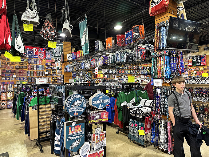 Sports heaven for Philly and Jersey fans alike. The only place where Eagles merchandise peacefully coexists with Giants gear.