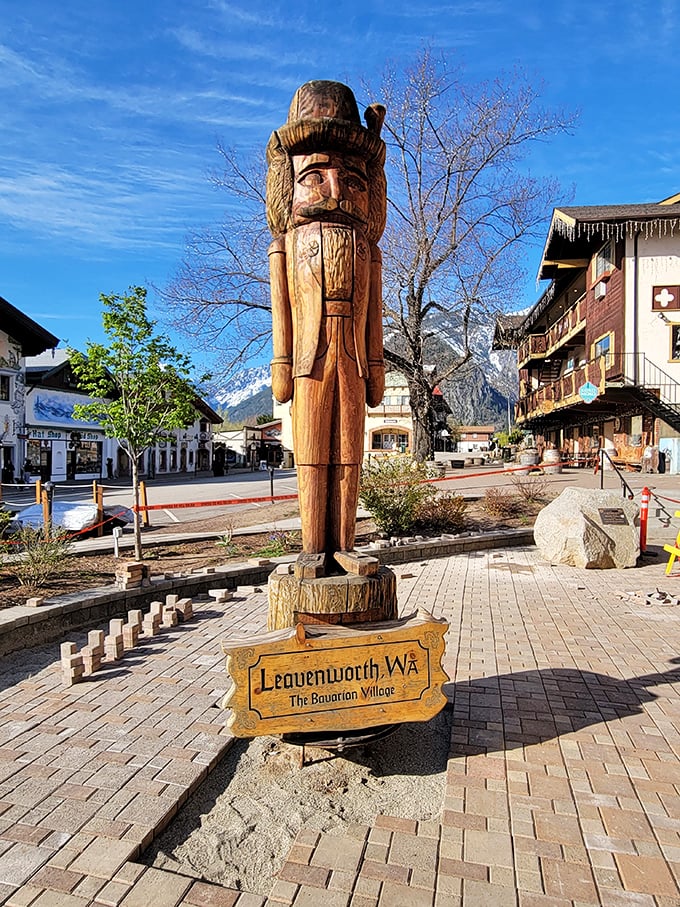 This wooden sentinel stands guard over Leavenworth's Bavarian charm, silently judging tourists who mispronounce "sp&auml;tzle" while pointing them toward the nearest beer garden.