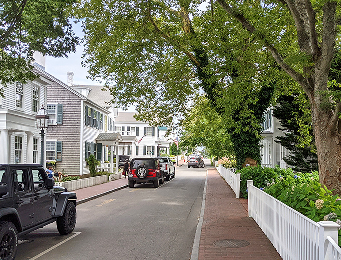 White picket fences and weathered shingles tell stories of maritime history, while hydrangeas add splashes of color to Edgartown's perfectly preserved residential streets.