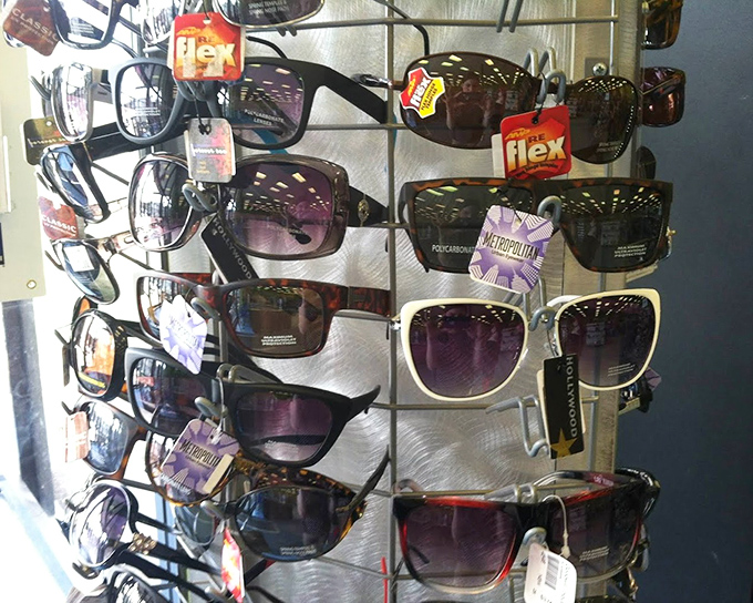 These sunglasses racks hold everything from barely-worn designer shades to spectacularly quirky frames from decades past.