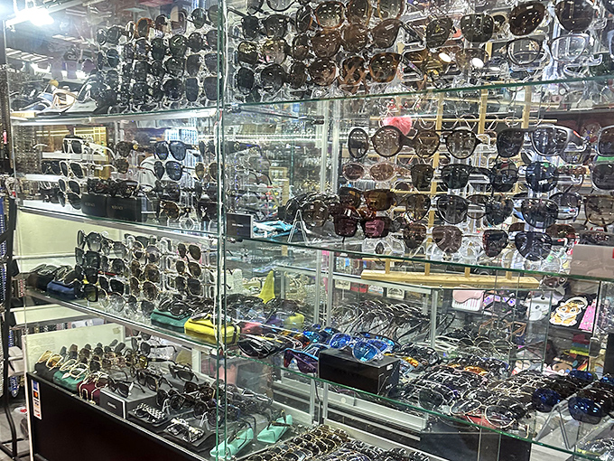 Sunglasses, sunglasses everywhere! Like a mirrored army standing at attention, ready to shield you from both desert sun and casino brightness.