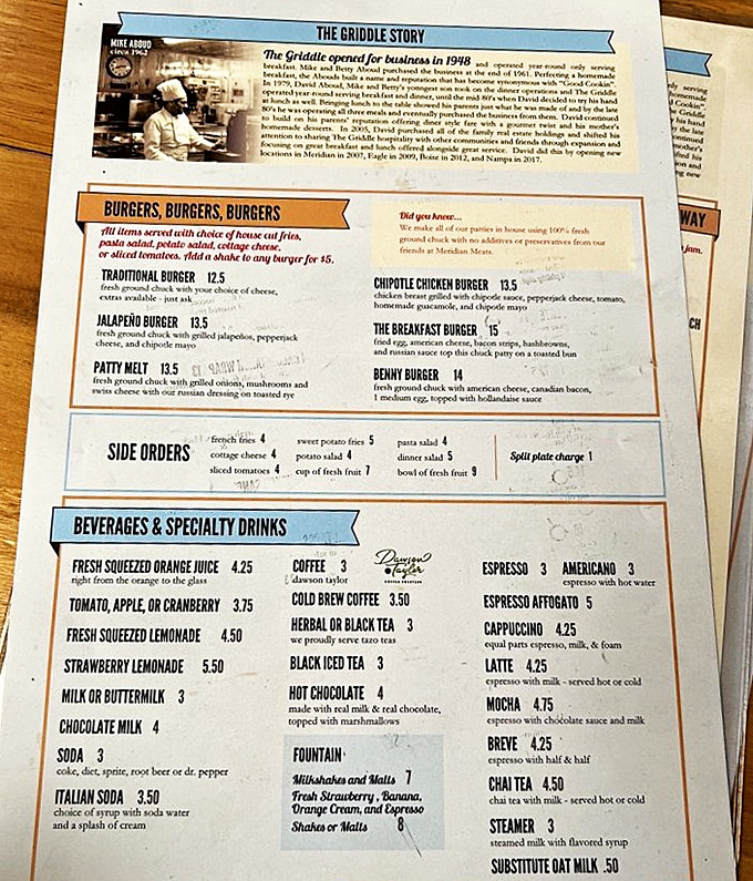 The menu tells tales of burger artistry and breakfast mastery, with each description promising a plate that's worth the journey.