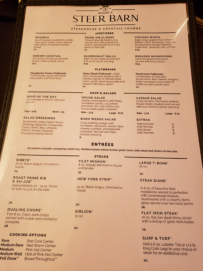 The menu reads like a love letter to carnivores. Notice how they define "Well Done" as "Brown Throughout"&mdash;a subtle judgment.