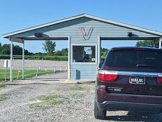 The cheerful blue ticket booth welcomes visitors with its "V" logo, the gateway to an evening of nostalgic entertainment.