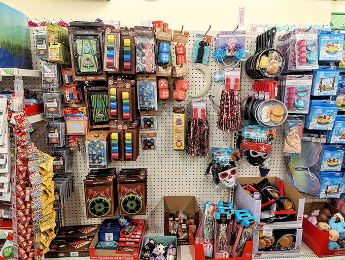A pegboard paradise of playthings! From pool floaties to party favors, this toy section transforms pocket change into childhood wonder.