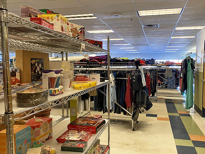 Metal shelves lined with unexpected treasures &ndash; where else can you find vintage board games next to last season's fashion finds?
