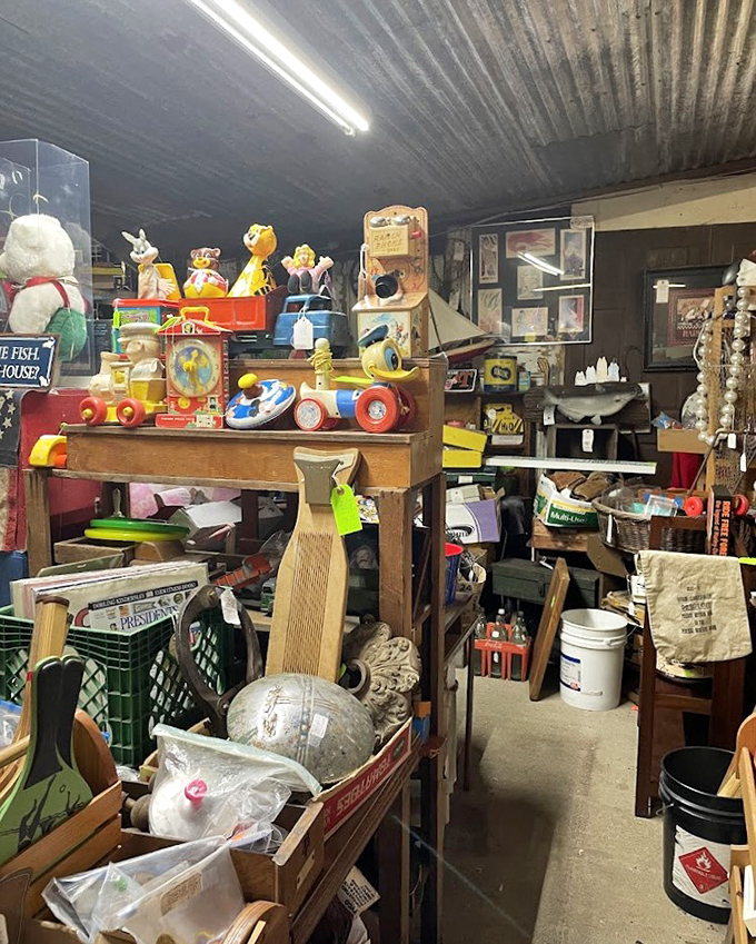 Where childhood memories come alive! Vintage toys and household gadgets create narrow pathways through mountains of potential discoveries.