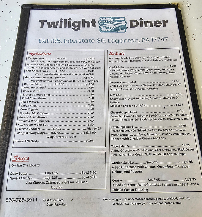 The menu reads like a love letter to American comfort food, with "Nana's Chili" and the Pittsburgh Salad reminding you that you're firmly in Pennsylvania territory.