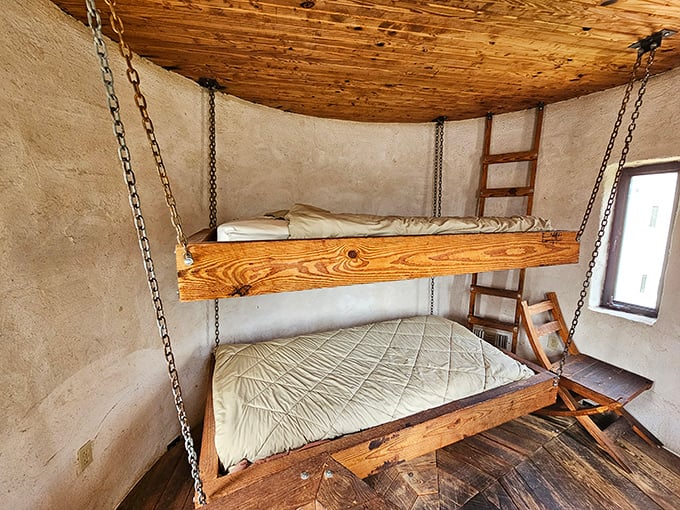 Chain-suspended beds offer a unique sleeping experience that's part medieval authenticity, part adventure camp nostalgia.