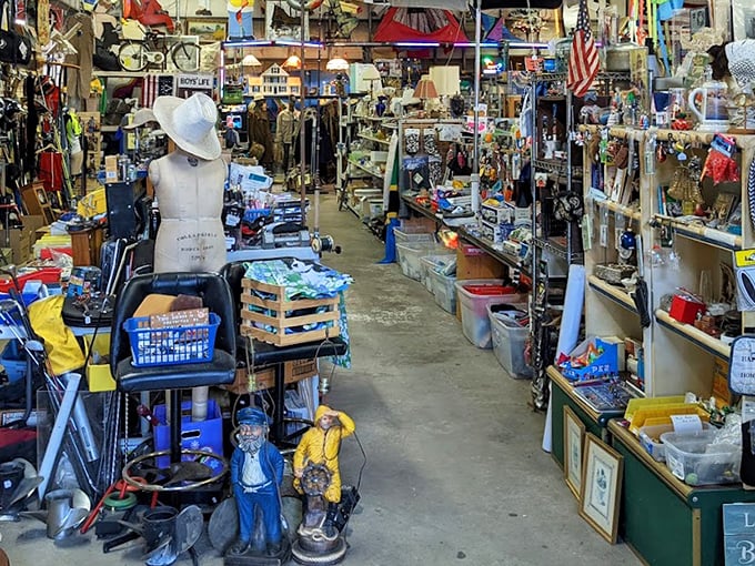 Narrow pathways create a treasure map through decades of American life. That mannequin might be judging your fashion choices, but who's counting?