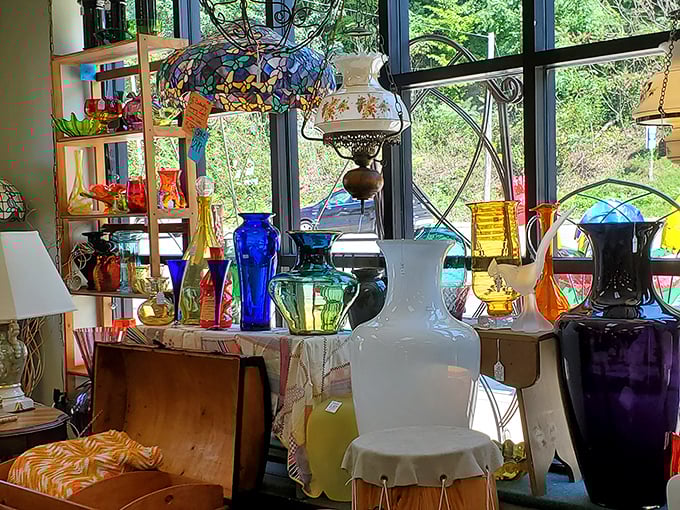 Sunlight dances through colored glass like a kaleidoscope of memories, each vessel holding stories instead of water.