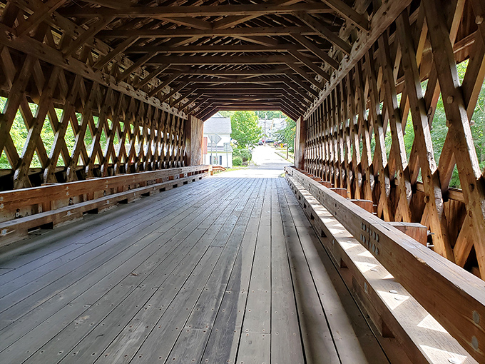 Looking through the bridge's diamond-patterned windows is like peering through a kaleidoscope of Massachusetts history.