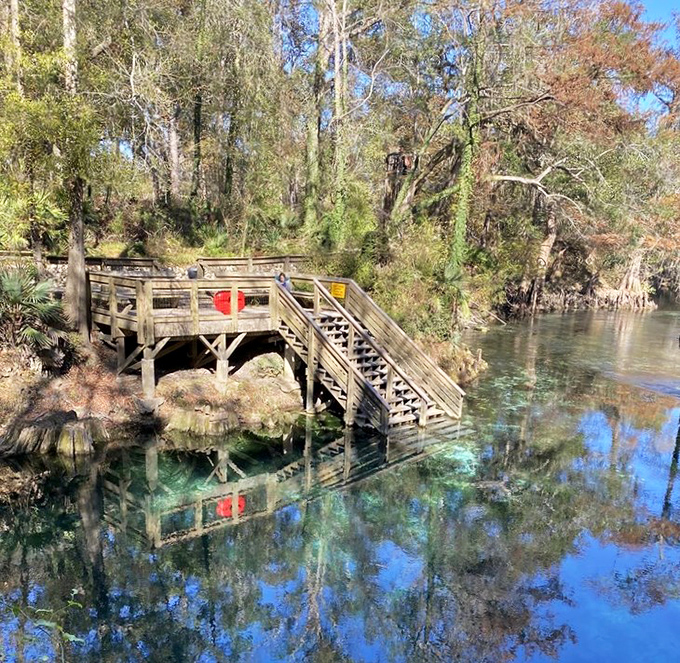 A wooden staircase that practically whispers, "Come on in, the water's perfect!" The reflection creates a mirror world just waiting to be explored.