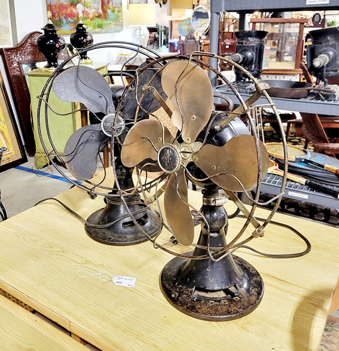 This vintage Emerson fan isn't just cooling a room&mdash;it's telling stories of summer porches and pre-air conditioning survival. Functional art from an era when even appliances had personality.