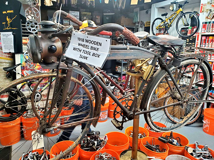 This 1918 wooden wheel bike with tool box looks like something H.G. Wells would ride to his time machine. Adventure built right in!