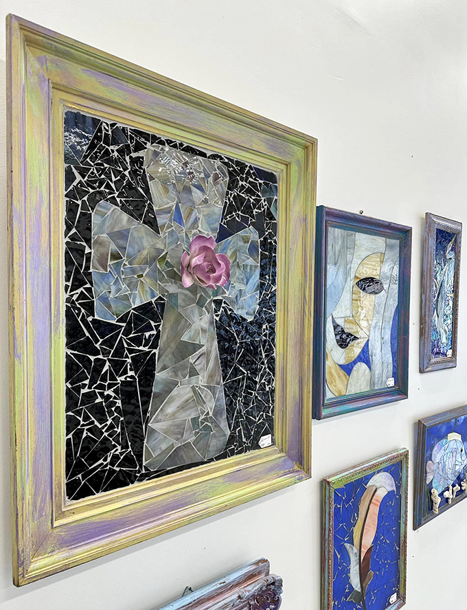 Mosaic artistry that transforms ordinary glass into extraordinary stories. That cross isn't just decoration; it's someone's devotion preserved in fragments of light.