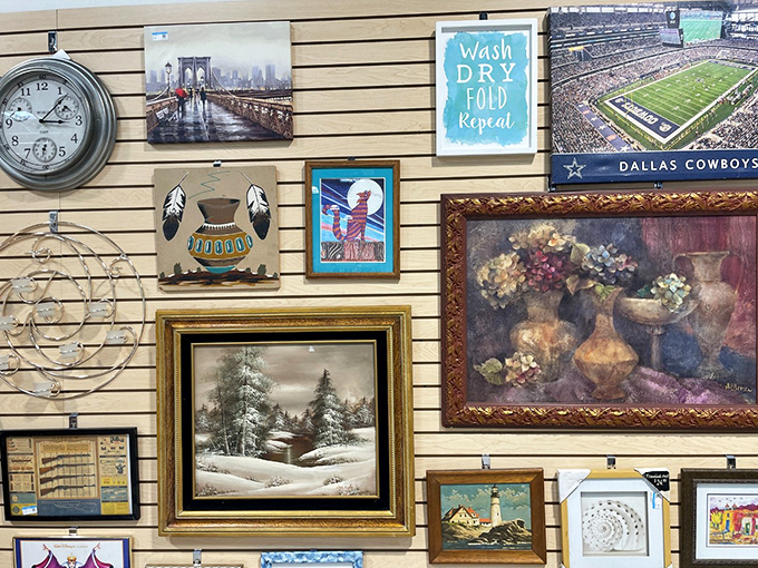 Wall art that spans every taste from winter wonderscapes to sports memorabilia. Someone's former living room decor awaits its second act.