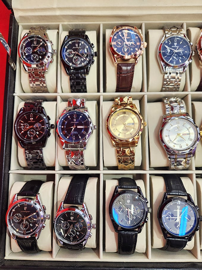 Time stands still in this elegant watch display. From leather bands to gold links, these timepieces prove style doesn't need a Swiss bank account.