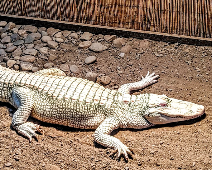 This alabaster alligator lounges like a celebrity at a spa retreat. The rare white alligator's ghostly appearance makes it a showstopper—nature's version of a platinum album.