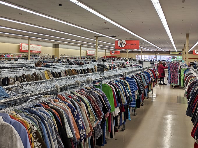 Endless racks of possibility. Each hanger holds not just clothing, but potential new identities waiting to be discovered.
