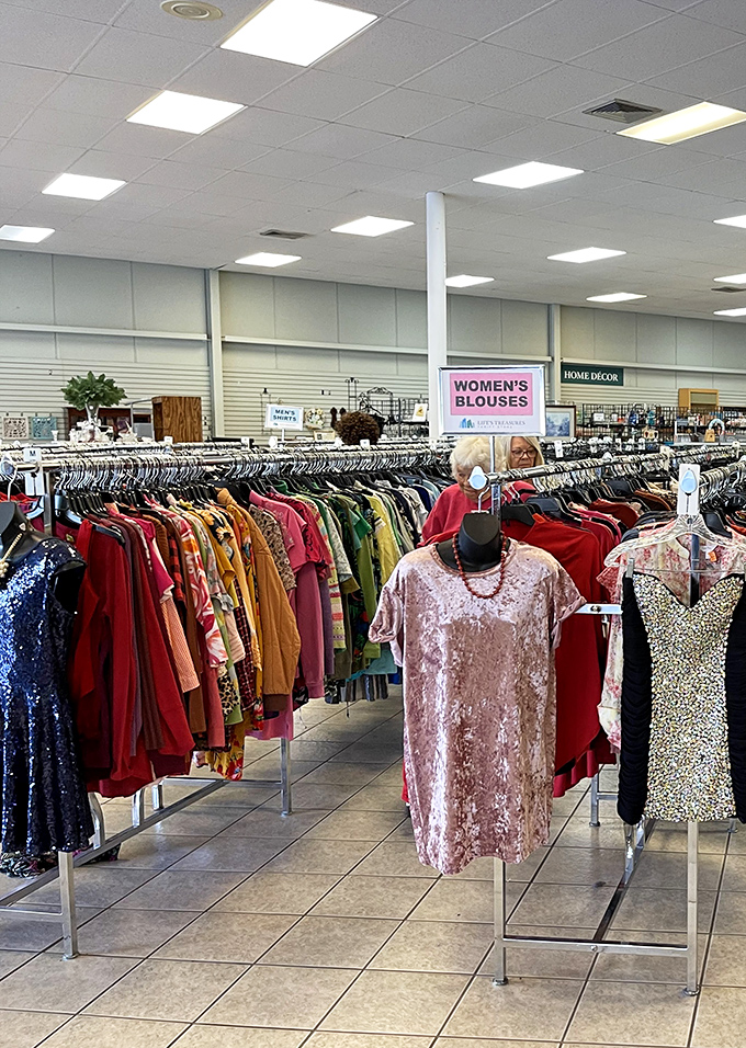 The women's blouses section could rival a department store's organization. That pink velvet number is practically screaming "Take me to dinner!"