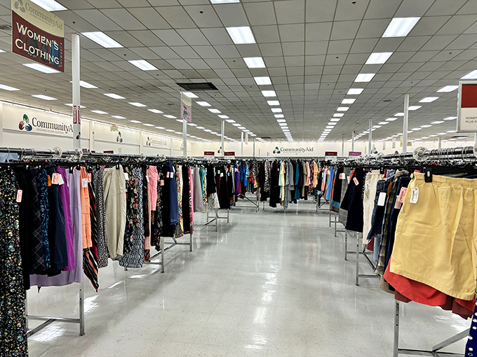 The women's clothing section stretches endlessly, offering more fashion choices than most people have had hot dinners this month.