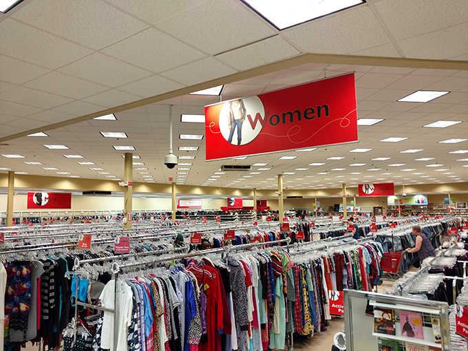 The women's section stretches toward the horizon like a sea of fashion possibilities, each rack a different voyage of discovery.