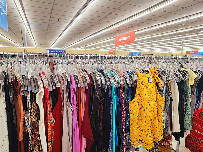 The women's clothing section: a technicolor dreamcoat of fashion history where that sunshine-yellow blouse is practically screaming, "Take me home and make me famous again!"