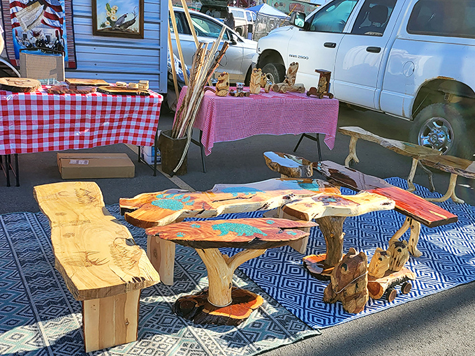 These aren't just tables and benches; they're functional art pieces telling New Mexico's story through wood and resin. Michelangelo would approve.