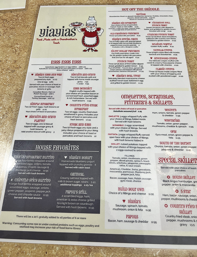 The menu at Yiayia's reads like breakfast poetry &ndash; each section a delicious verse of morning possibilities waiting to be explored.