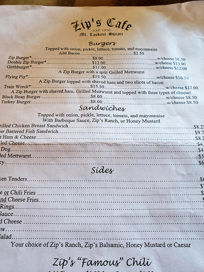 The menu tells no lies—these aren't fancy food poems with obscure ingredients, just straightforward promises of comfort that Zip's has kept for generations.