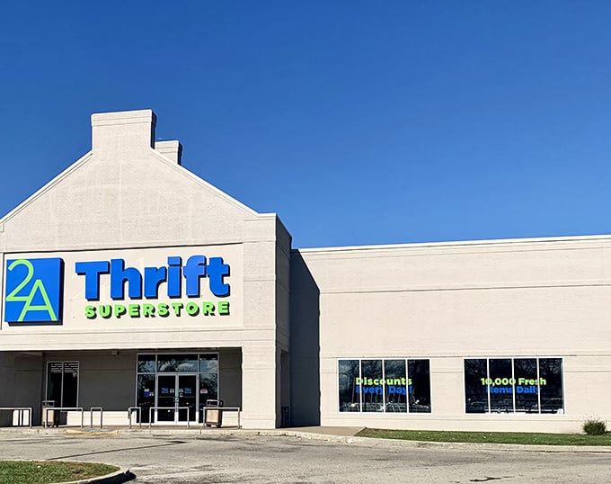 The bold blue and green 2nd Ave sign stands like a gateway to a wonderland of possibilities&mdash;10,000 new items daily!