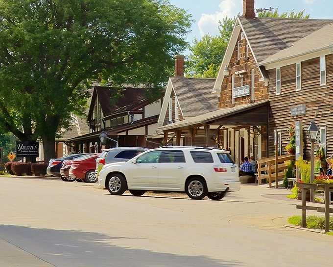 The Amana Colonies' wooden storefronts stand like sentinels of simpler times, welcoming visitors to step back in history.