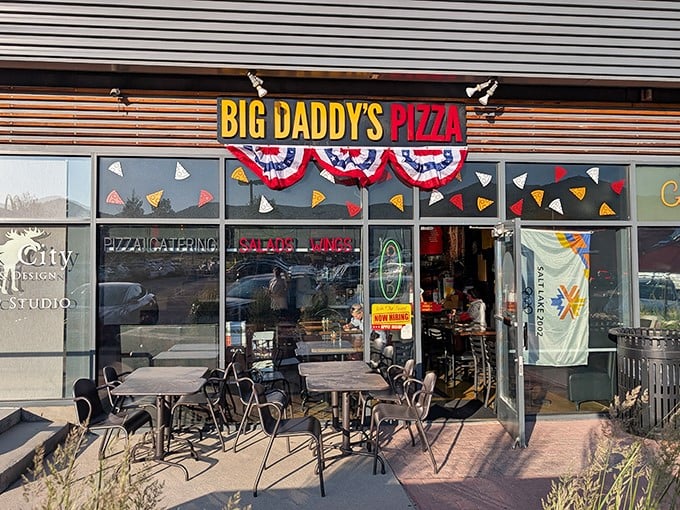 Big Daddy's colorful slice decorations hint at the pizza party waiting inside. Like confetti for your hunger.