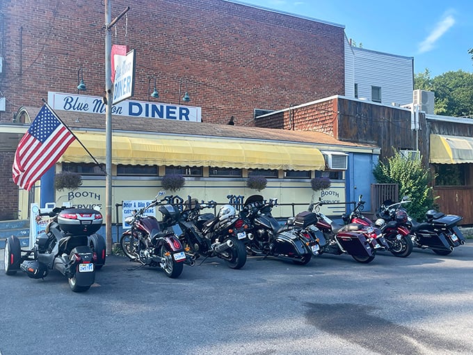 Motorcycles lined up outside Blue Moon Diner on weekend mornings tell you everything you need to know about their reputation for satisfying food.