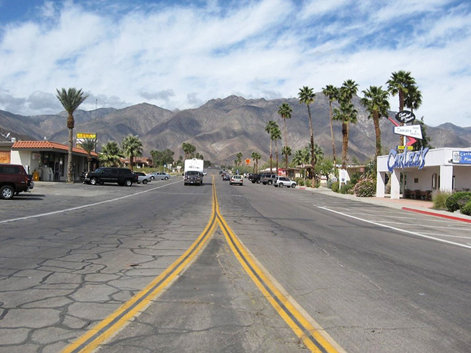 Borrego Springs' wide-open main drag &ndash; where the mountains and sky compete for who can look more spectacular today.