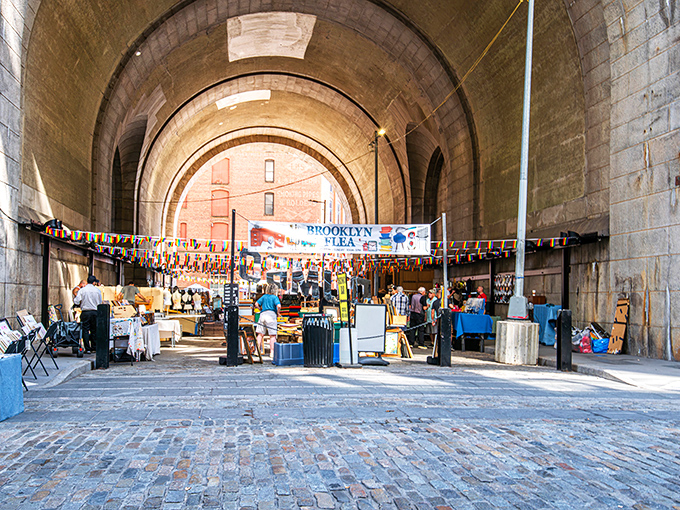 The magnificent archway frames Brooklyn Flea perfectly &ndash; where history meets hipster in a uniquely New York shopping experience.