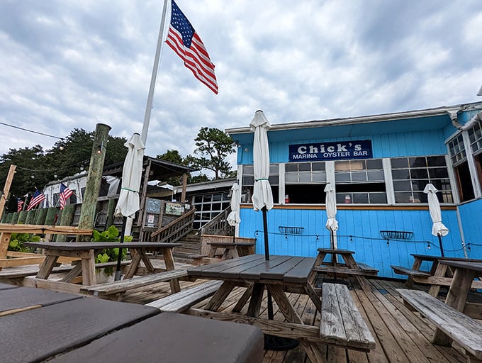 Chick's blue facade whispers promises of briny oysters and salty sea tales from Virginia Beach's finest.