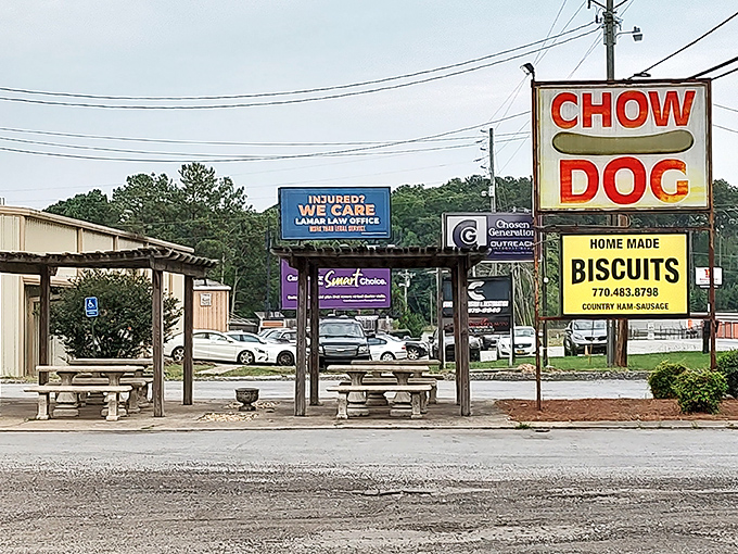 Chow Dog's vintage roadside sign promises two of life's greatest pleasures: hot dogs and homemade biscuits.