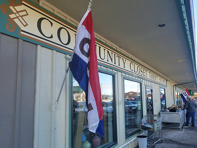 Community Closet's patriotic flag waves proudly, welcoming neighbors to their local treasure trove.