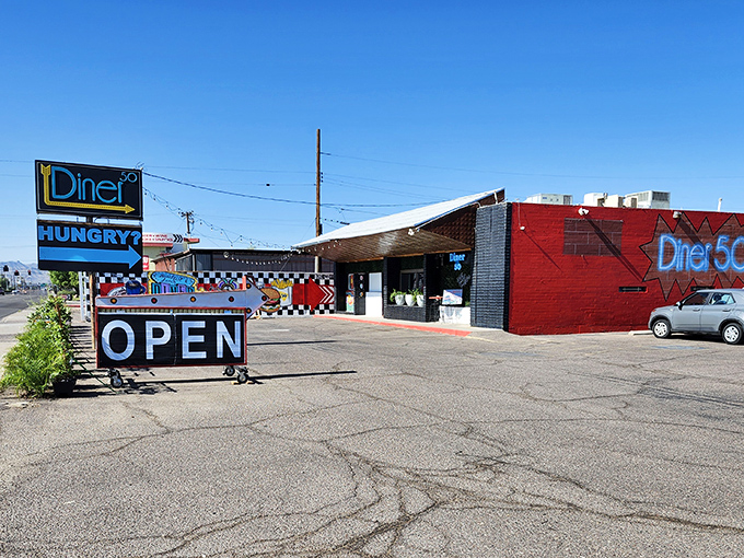 Diner 50's retro exterior is like a time machine with hash browns. The "OPEN" sign is the best word in the English language.