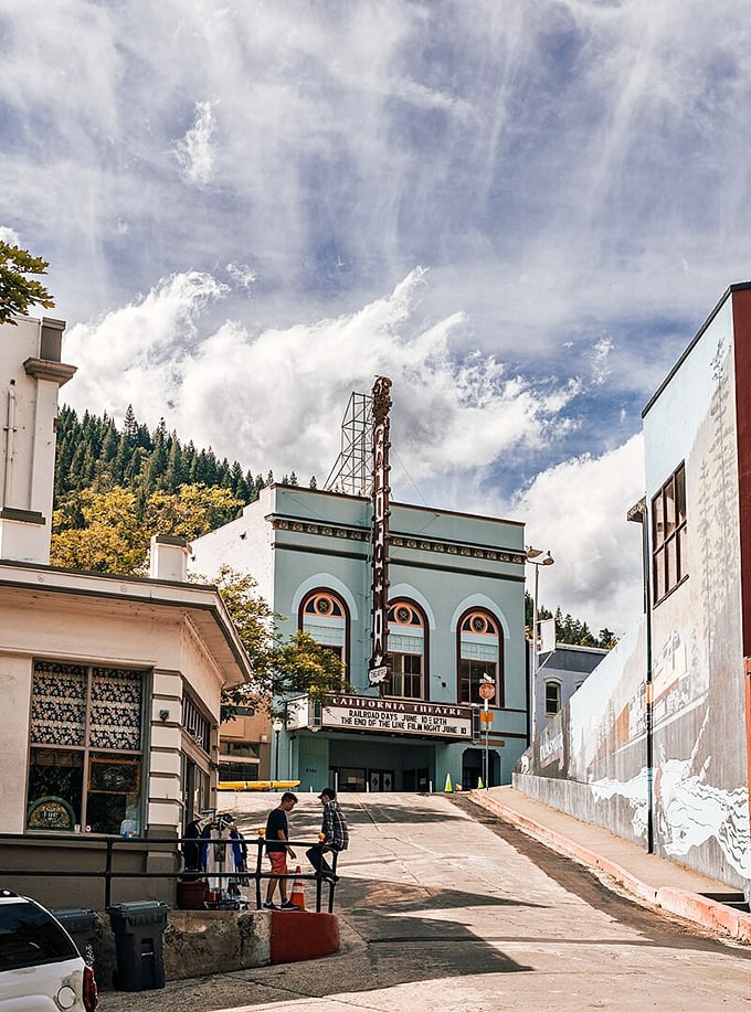 Downtown Dunsmuir's historic theater stands like a teal-colored time machine, inviting you to step back into small-town Americana.