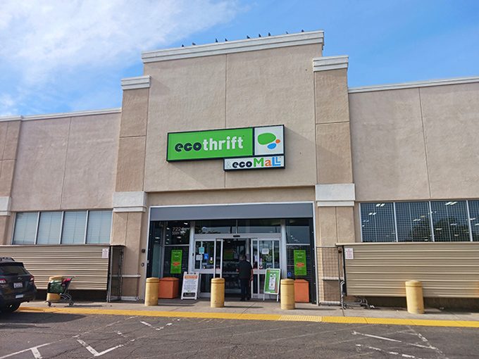 Eco Thrift's clean, modern storefront breaks the stereotype of dusty thrift shops. This isn't your grandmother's secondhand store!